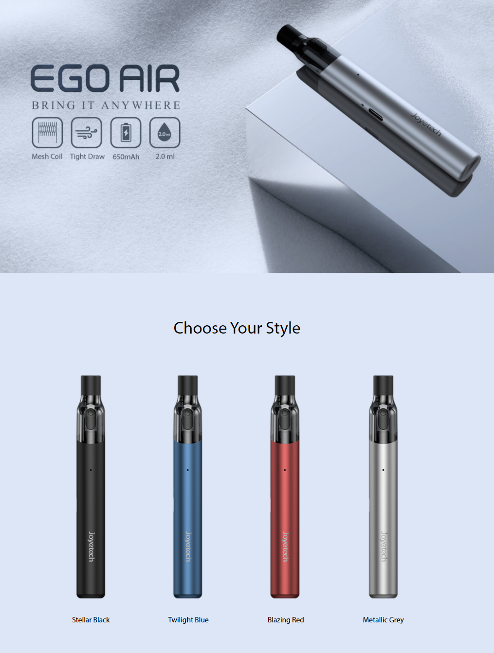 Joyetech eGo Air Kit Price $15.99 Pod System Kit 650mAh | Vapesourcing