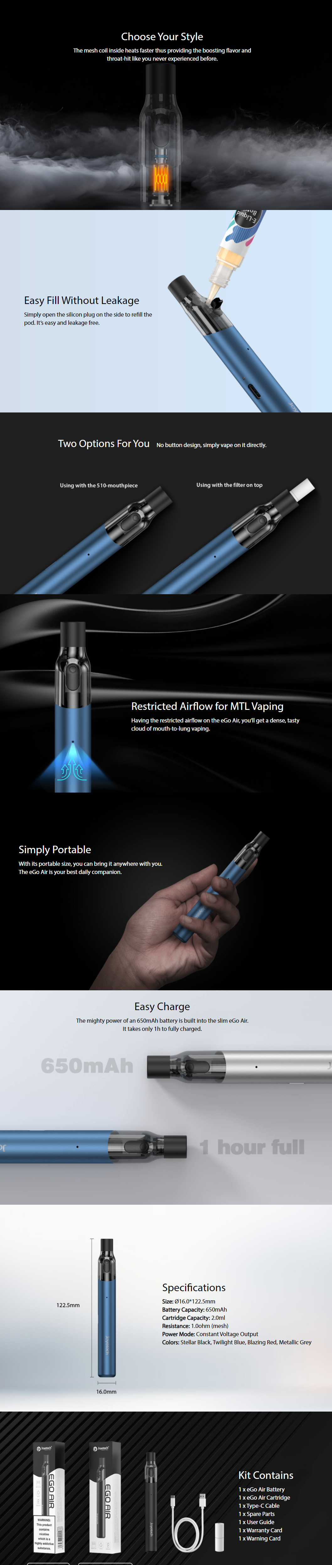 Joyetech eGo Air Kit Price $15.99 Pod System Kit 650mAh | Vapesourcing