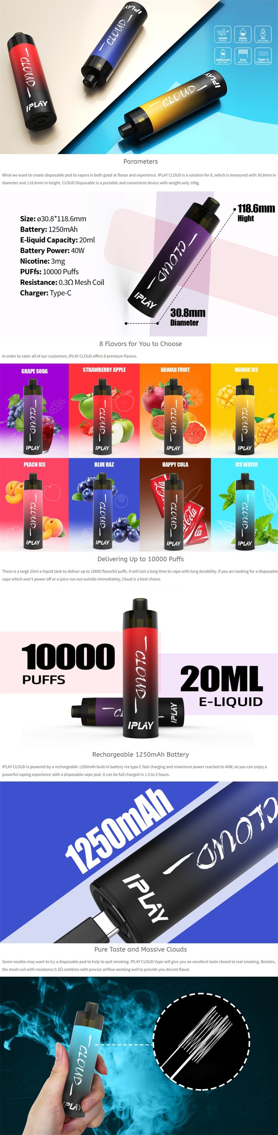 IPLAY CLOUD 10000 Puffs Vape Disposable Kit 20ml | Vapesourcing